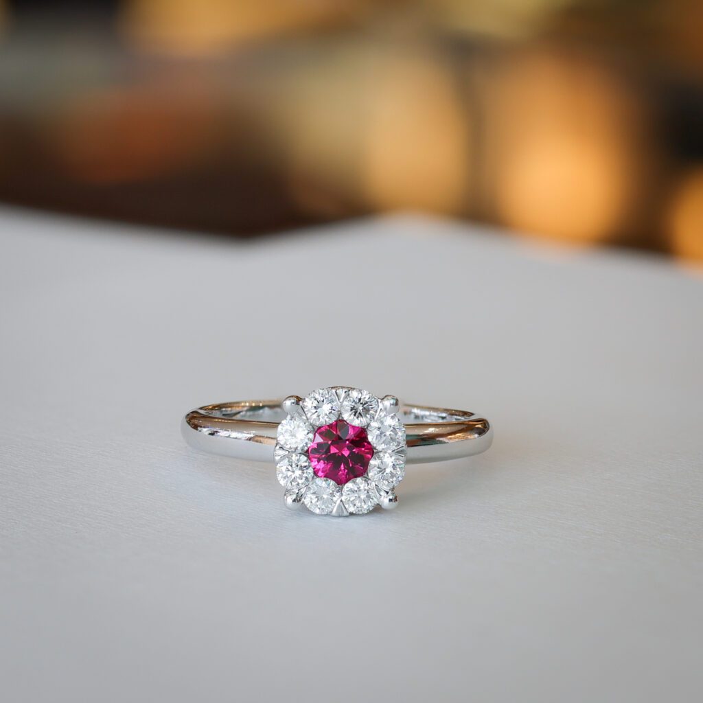 Ruby and Diamond Halo Ring - Watson Workshop